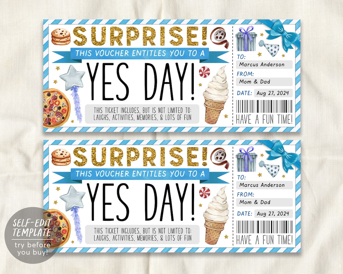 Yes Day Ticket Editable Template, Surprise Best Day Ever Gift ...