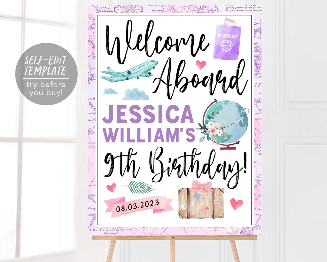 Welcome Aboard Airline Travel Themed Birthday Welcome Sign Editable ...
