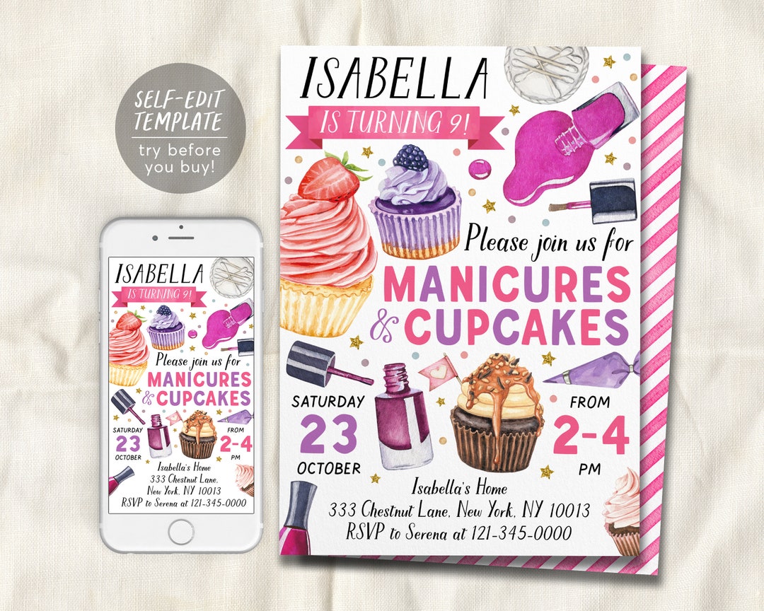 Manicures and Cupcakes Party Invitation Editable Template, Pedicures ...