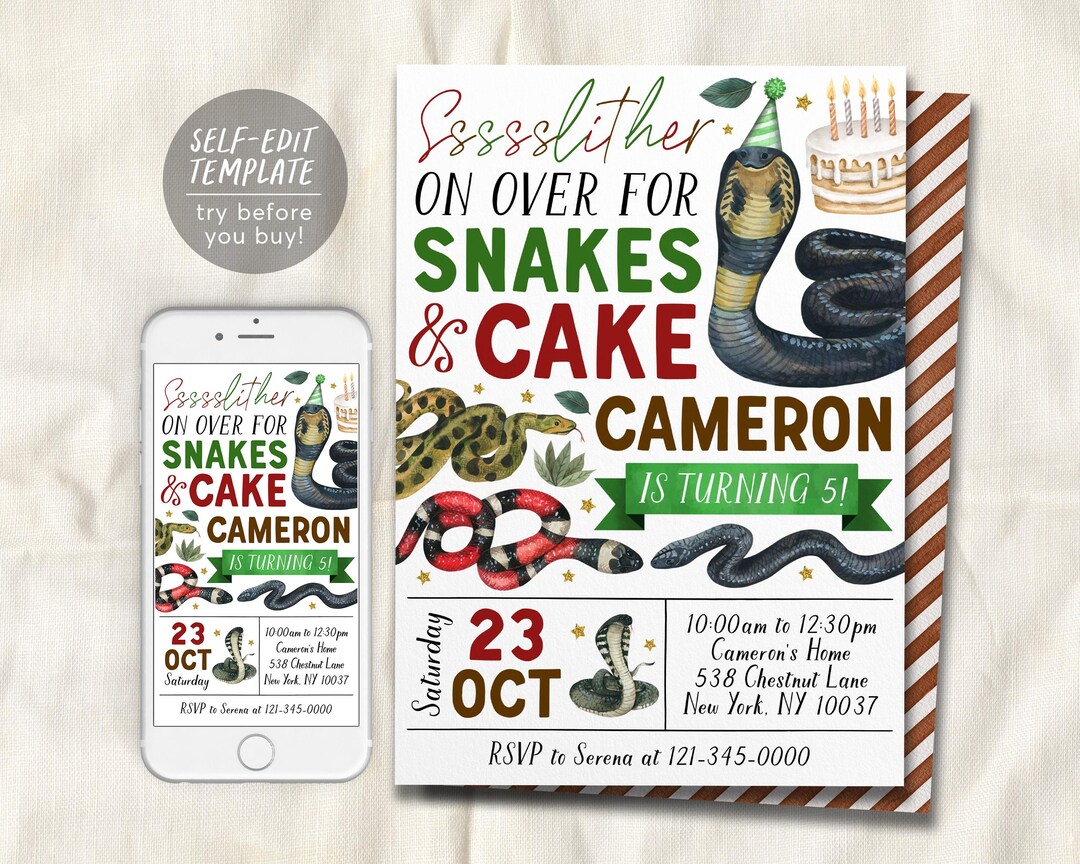 Snake Birthday Invitation Editable Template, Boy Snake and Cake Nature ...