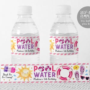 Pool Party Water Bottle Labels Editable Template, Girl Pool Water ...