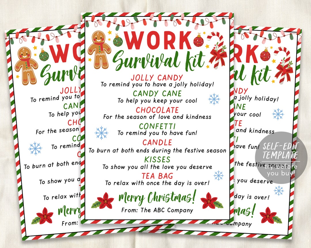 Work Survival Kit Tag Editable Template, Holiday Christmas Survival Kit ...