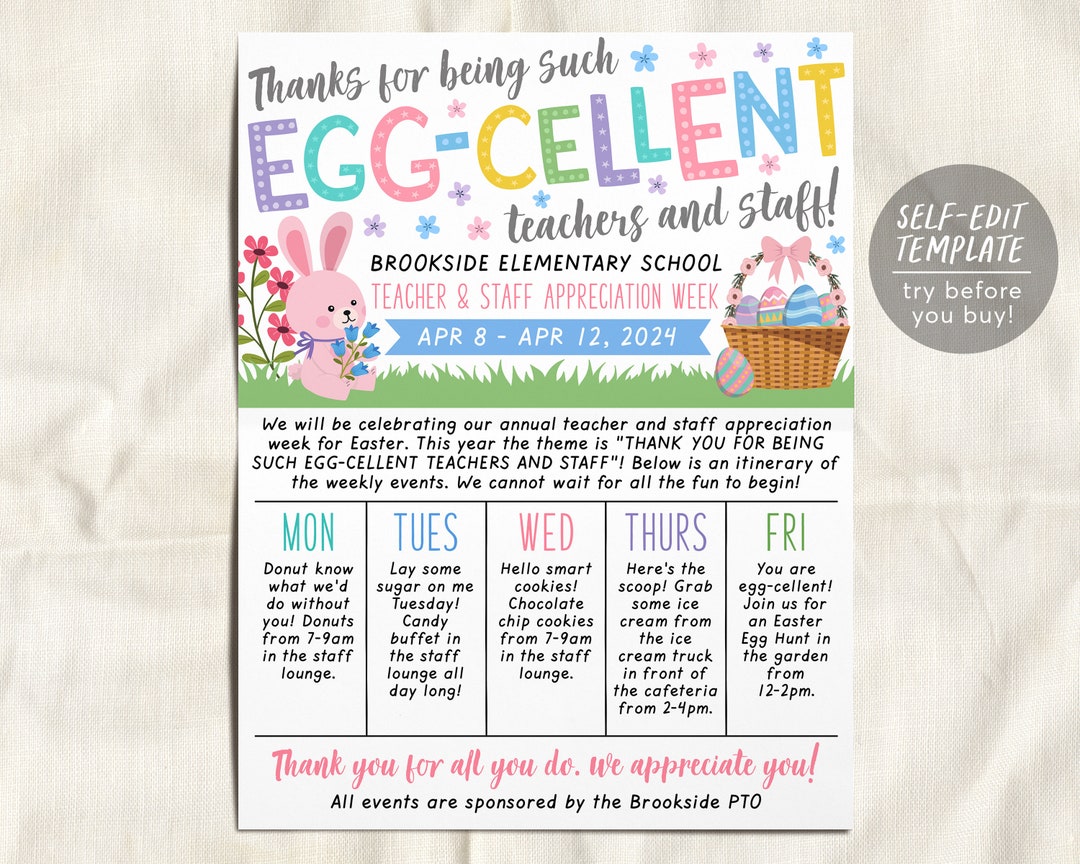 Easter Theme Teacher Staff Appreciation Week Itinerary Flyer Editable ...