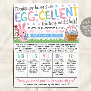 Easter Theme Teacher Staff Appreciation Week Itinerary Flyer Editable ...