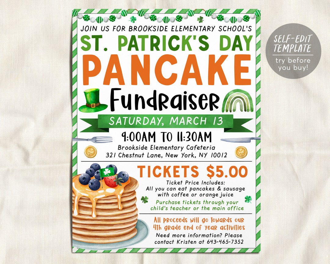 St Patricks Day Pancake Breakfast Fundraiser Flyer Editable Template ...