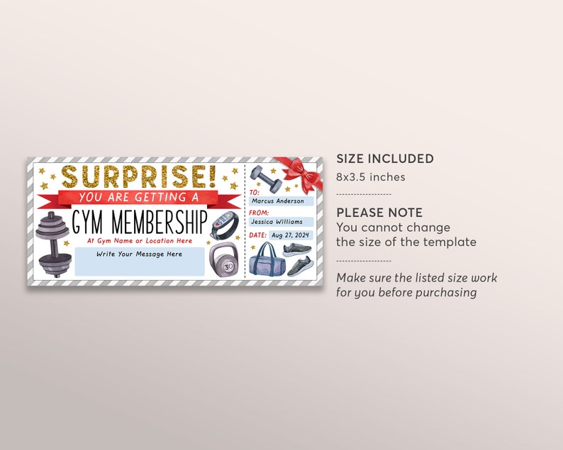 Gym Membership Ticket Editable Template, Surprise Personal Trainer ...