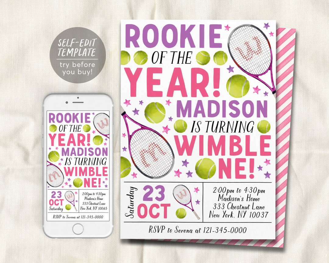 Tennis First Birthday Invitation Editable Template, Girl Wimble-one ...
