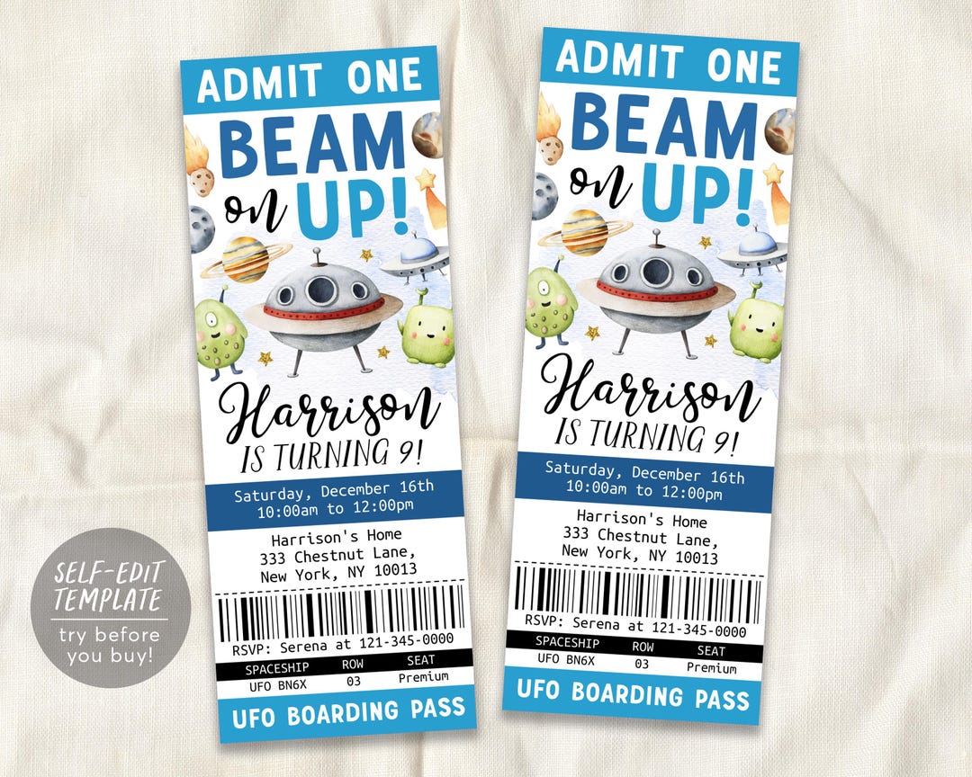 UFO Alien Birthday Ticket Invitation Editable Template, Beam on up ...