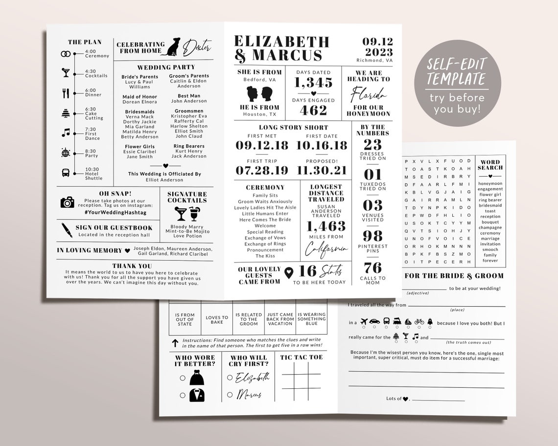 Modern Wedding Bifold Program Editable Template Black and - Etsy