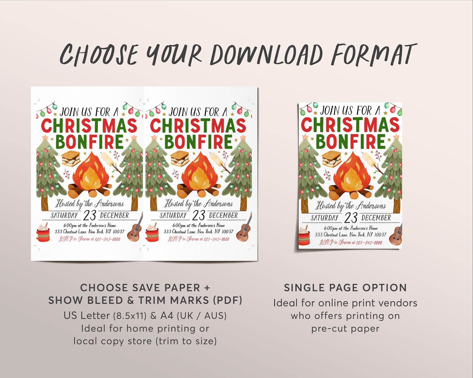 Christmas Bonfire Invitation Editable Template, Backyard Winter Holiday ...