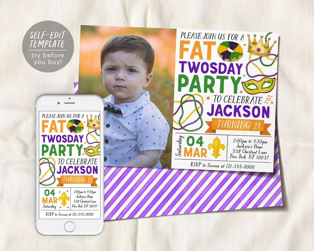 Fat Twosday Second Birthday Invitation With Photo Editable Template ...