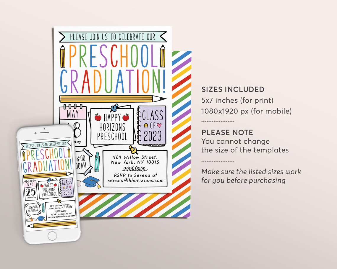 Preschool Graduation Invitation Editable Template, Pre-k Kindergarten ...