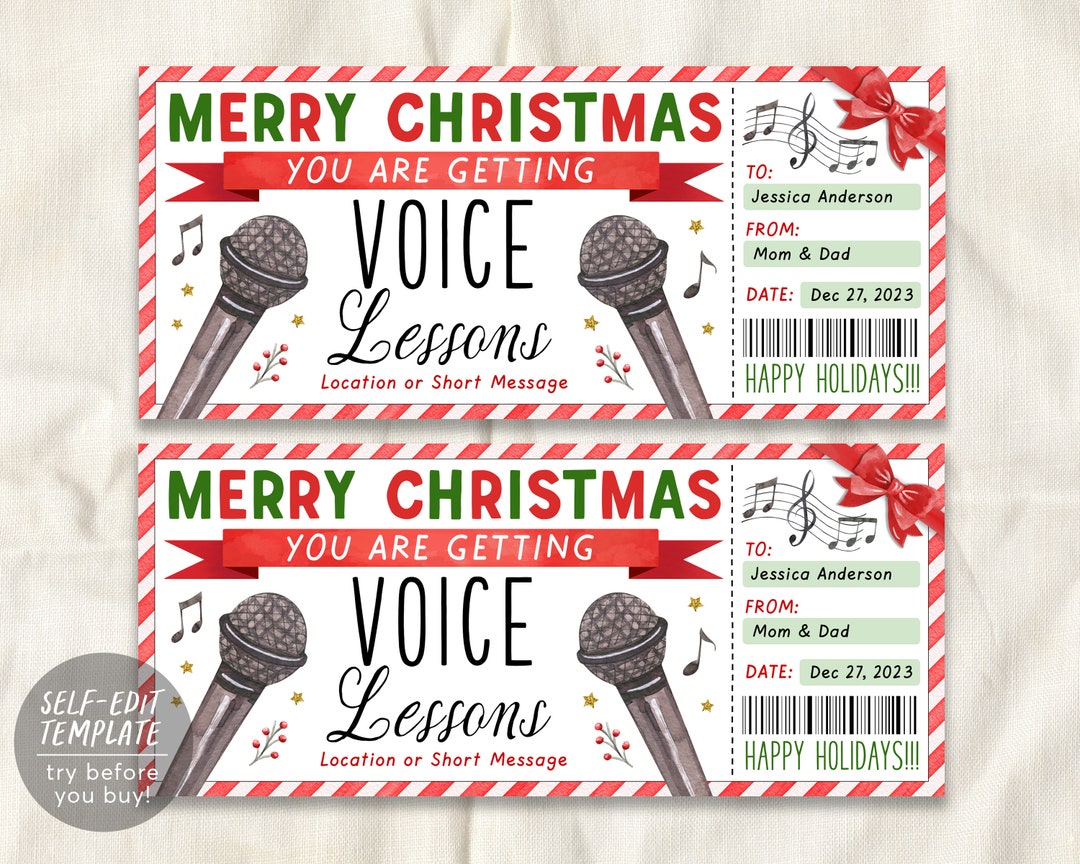 Voice Lessons Christmas Gift Certificate Editable Template, Surprise ...