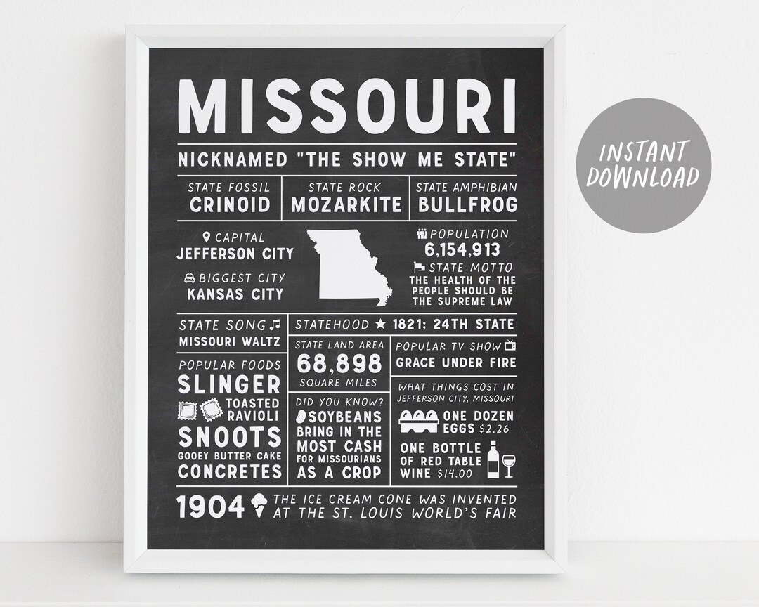 Missouri State Wall Art Sign Poster Infographic, Chalkboard Missouri ...