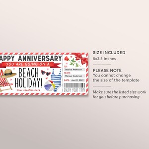 Tropical Beach Vacation Ticket Editable Template, Wedding Anniversary ...