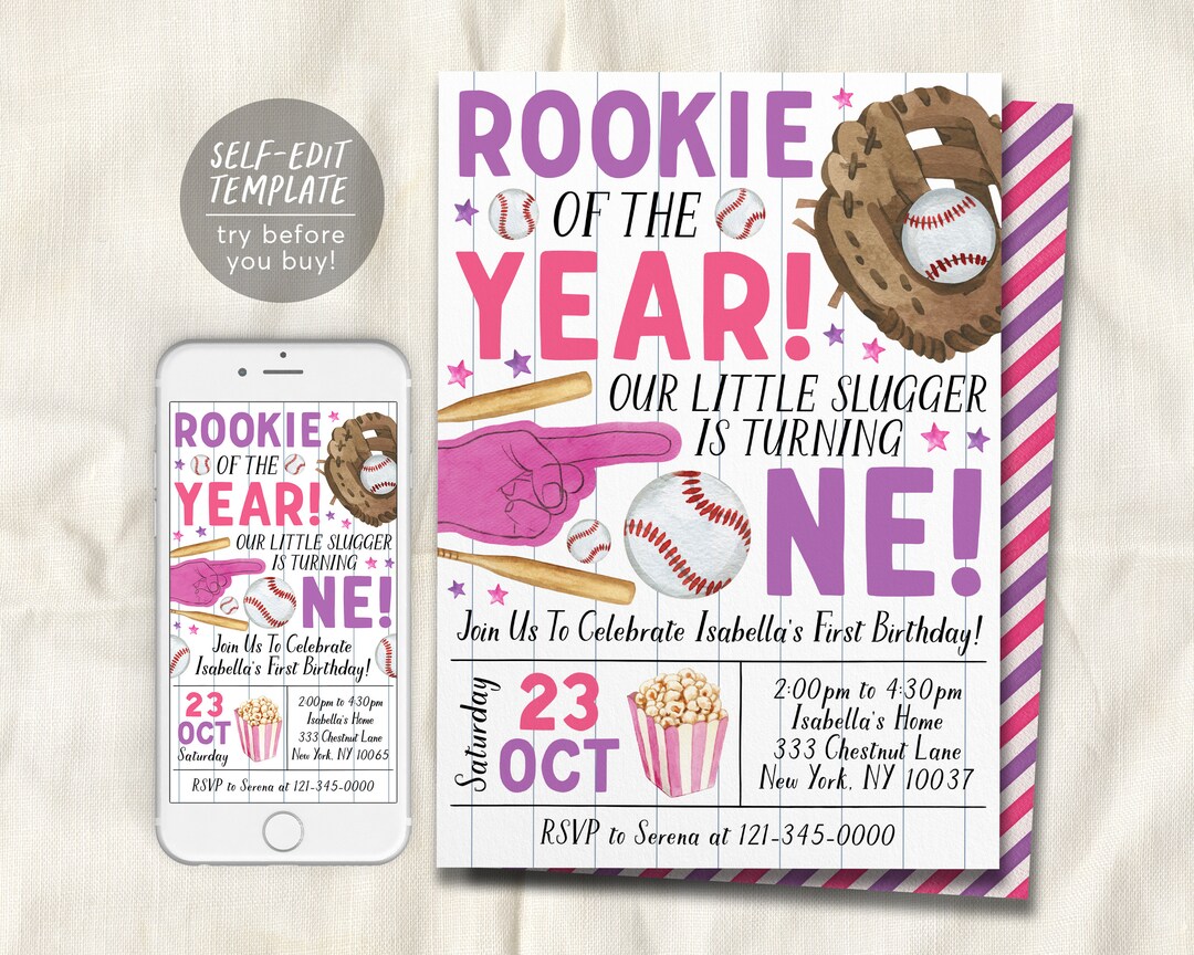 Baseball First Birthday Invitation Editable Template, Girl Rookie of ...