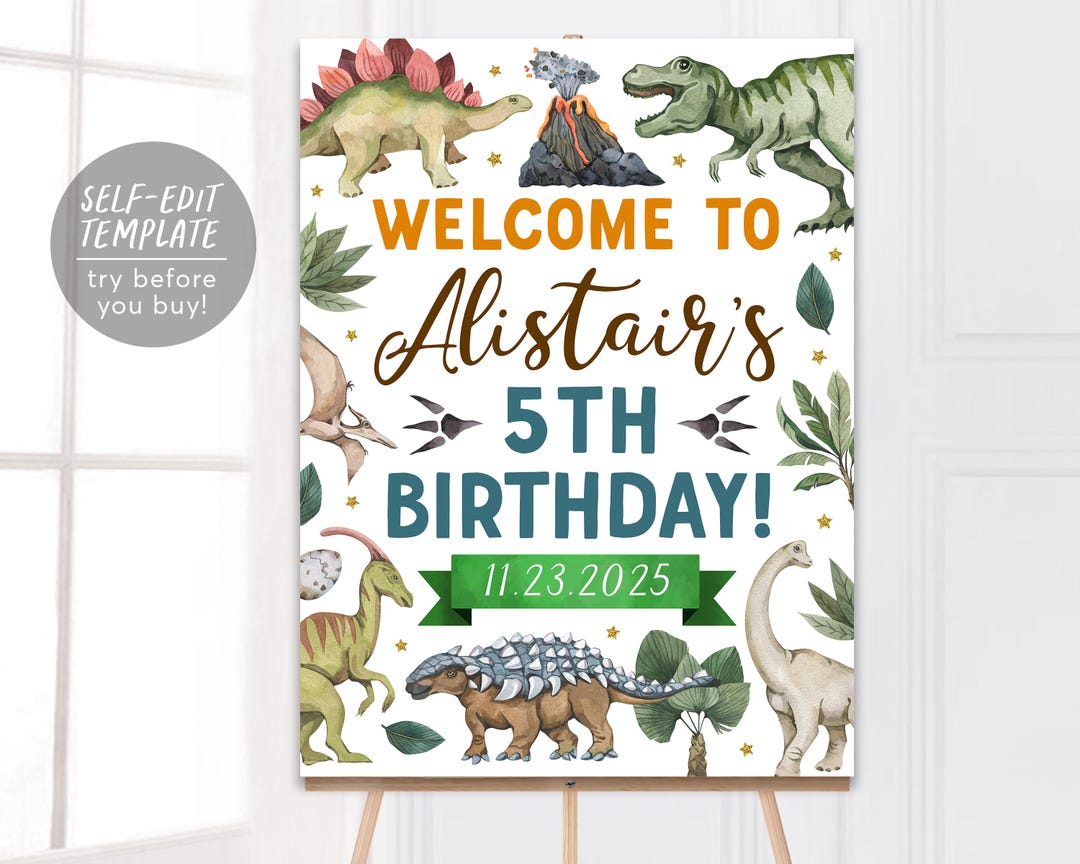 Dinosaur Birthday Party Welcome Sign Editable Template, Boy Dino ...