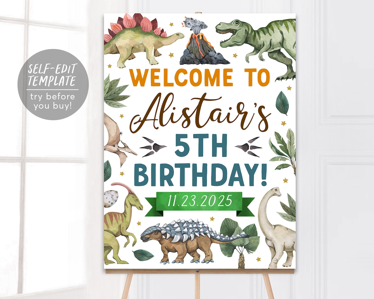 Dinosaur Birthday Party Welcome Sign Editable Template, Boy Dino ...