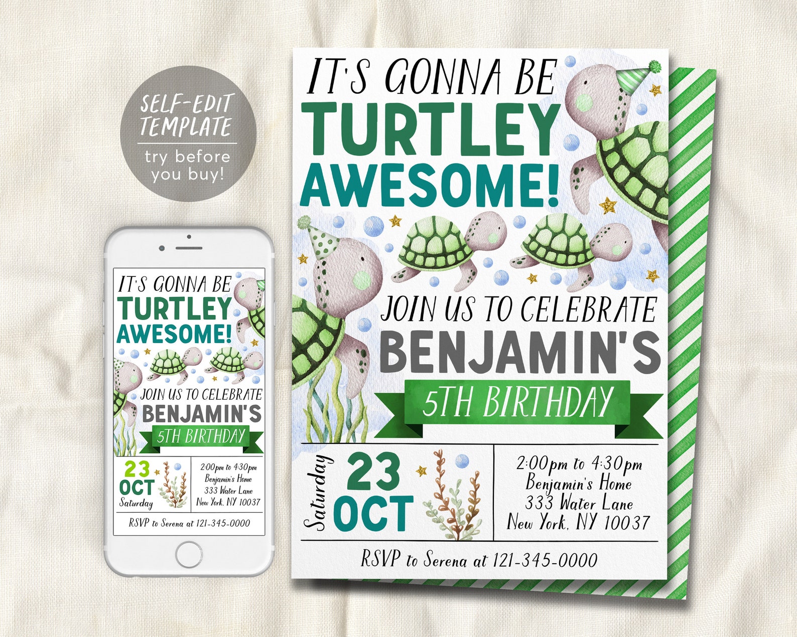 Turtle Birthday Invitation Editable Template, Turtley Awesome Birthday ...