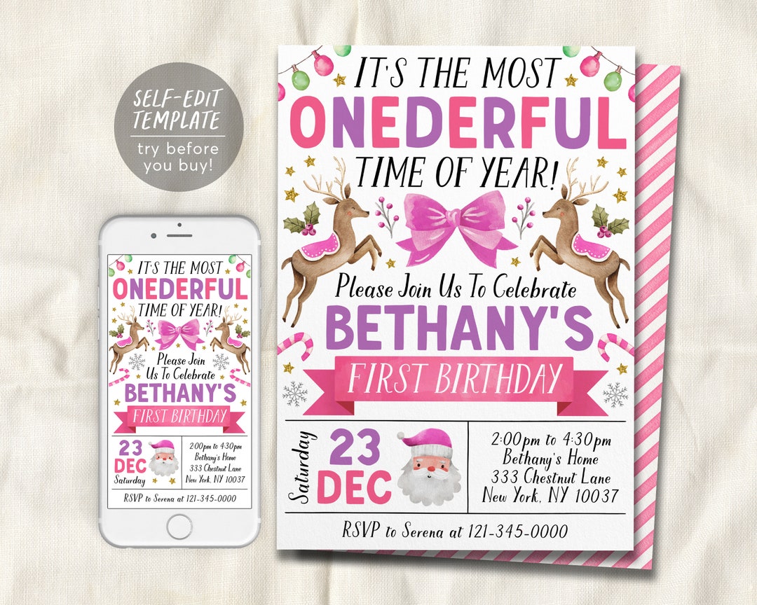 Christmas First Birthday Invitation Editable Template, Onederful Time ...