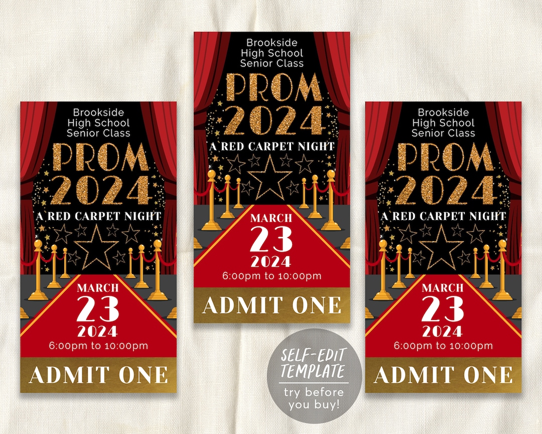 Red Carpet Prom School Dance Tickets Editable Template, Homecoming ...
