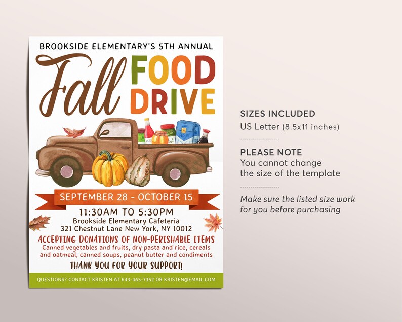 Fall Food Drive Flyer Editable Template, Thanksgiving Donation Drive ...