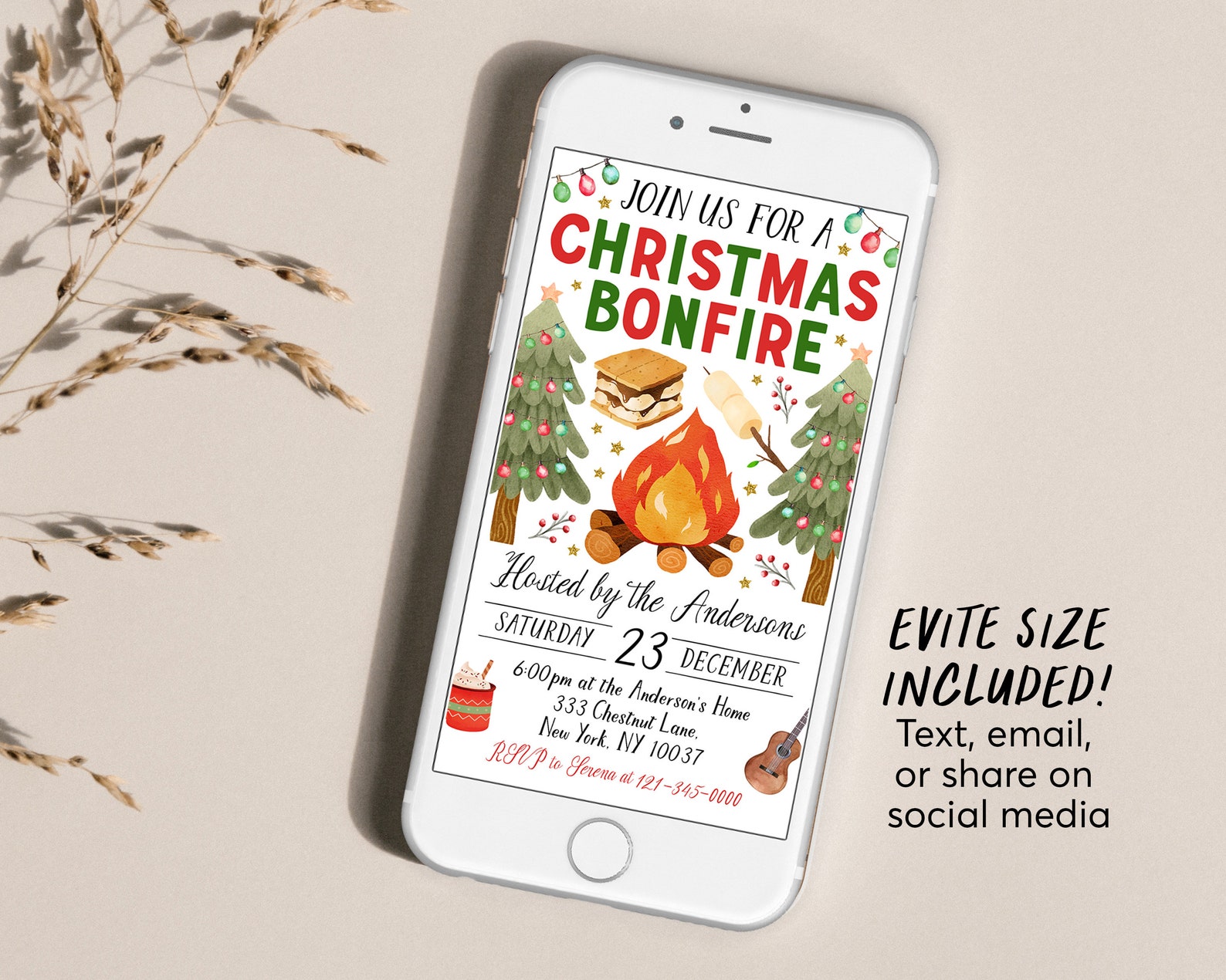 Christmas Bonfire Invitation Editable Template, Backyard Winter Holiday ...