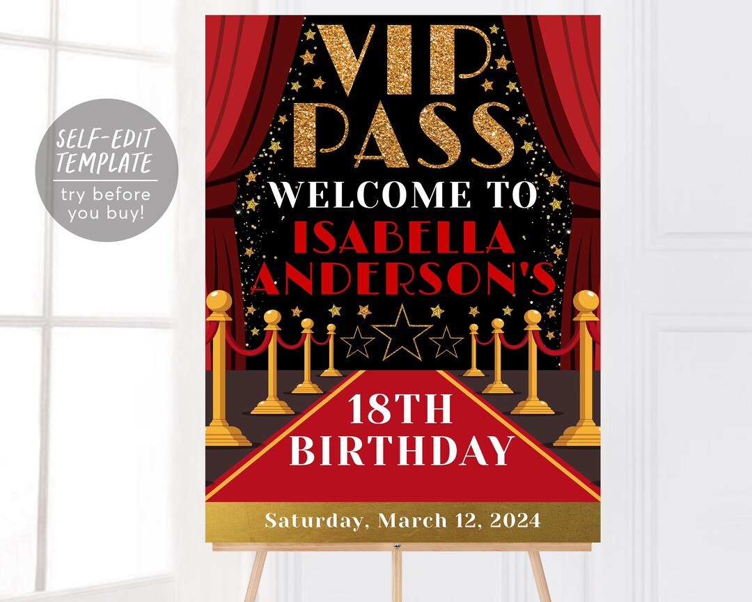 VIP Pass Birthday Welcome Sign Editable Template, Red Carpet Hollywood ...