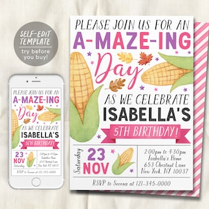 Corn Maze Birthday Invitation Editable Template, Kids Girl Corn Field ...