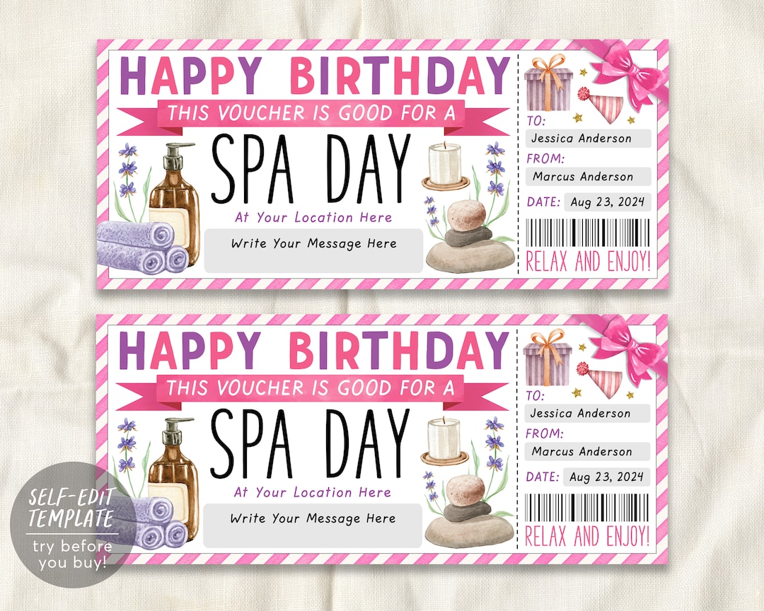 Spa Day Gift Voucher Ticket Editable Template, Birthday Surprise Spa ...