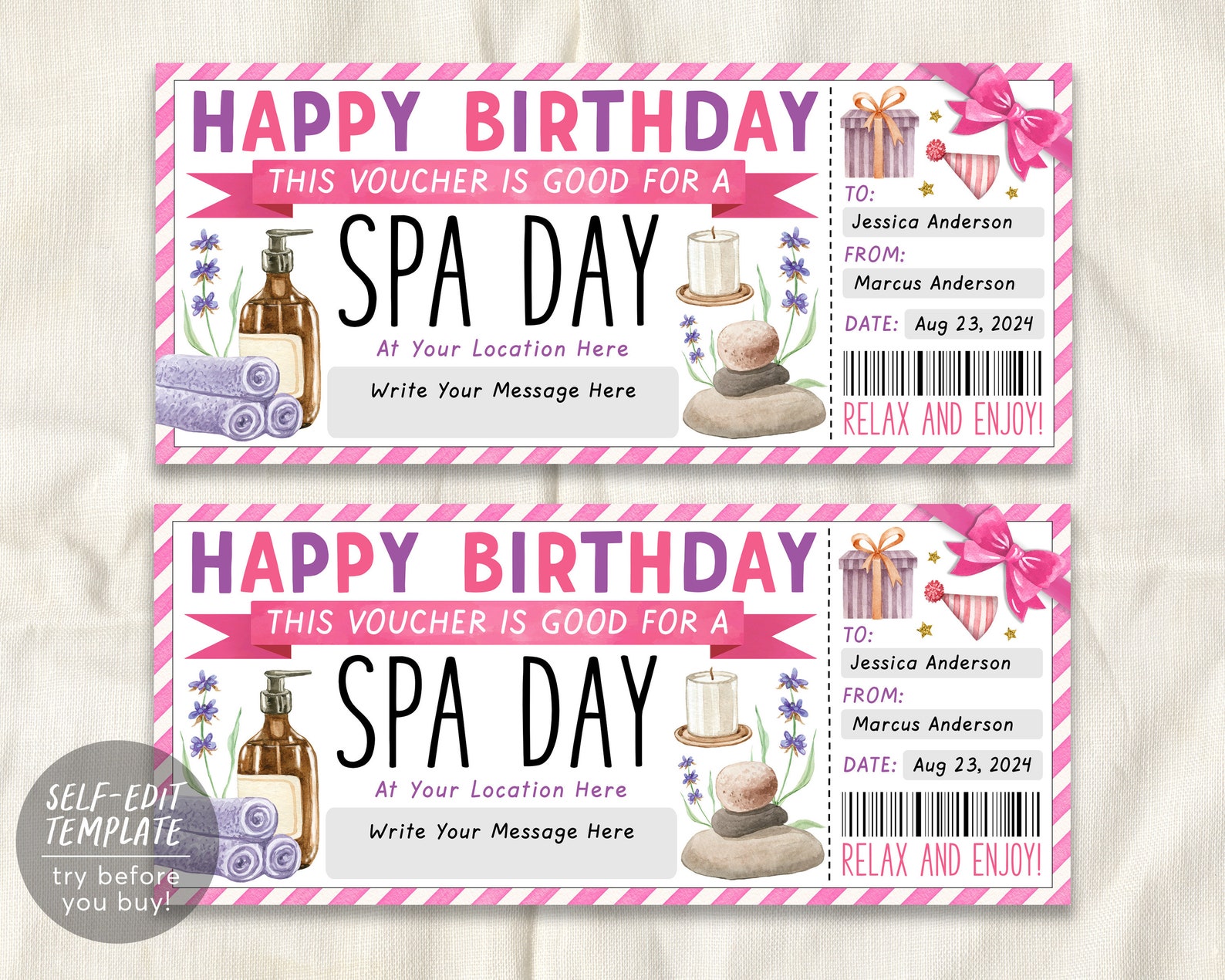 Spa Day Gift Voucher Ticket Editable Template, Birthday Surprise Spa ...