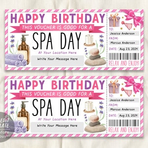 Spa Day Gift Voucher Ticket Editable Template, Birthday Surprise Spa ...