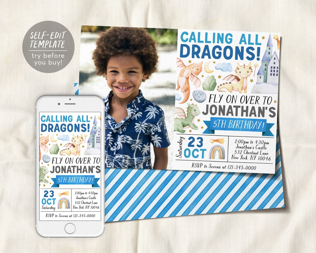 Dragon Birthday Invitation With Photo Editable Template, Boy Magical ...
