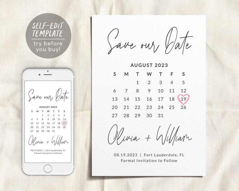 Calendar Save the Date Editable Template Modern Simple - Etsy