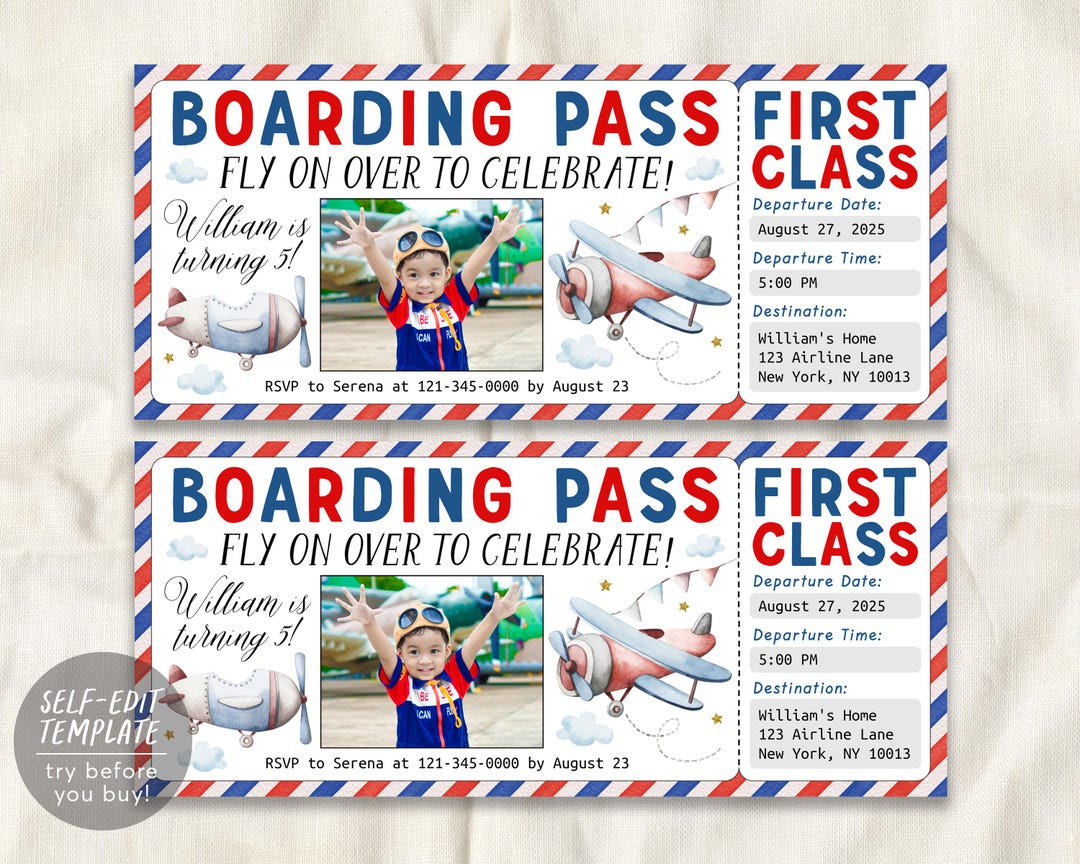 Airplane Birthday Ticket Invitation With Photo Editable Template, Plane ...
