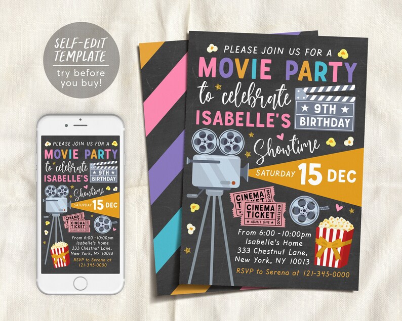Movie Night GIRL Birthday Invitation Editable Template, Cinema ...