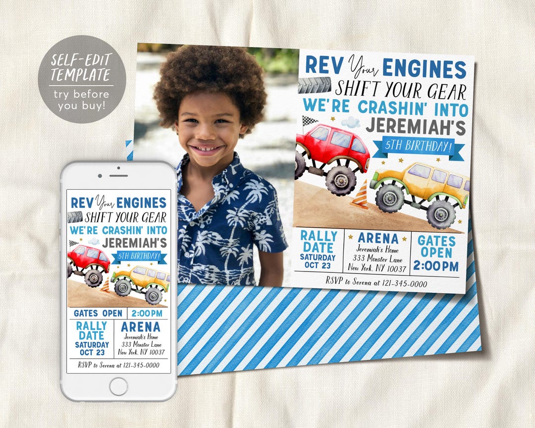 Monster Truck Birthday Invitation With Photo Editable Template, Monster ...