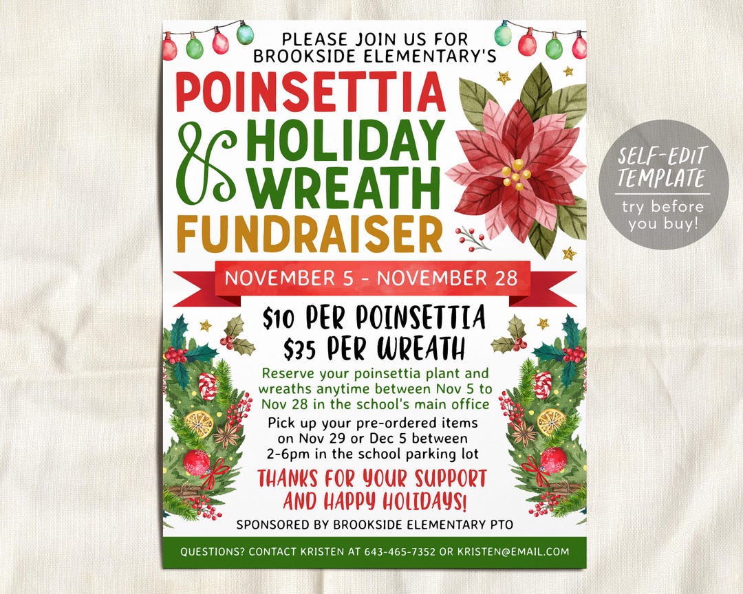 Poinsettia and Holiday Wreath Flyer Editable Template, Christmas Plant ...