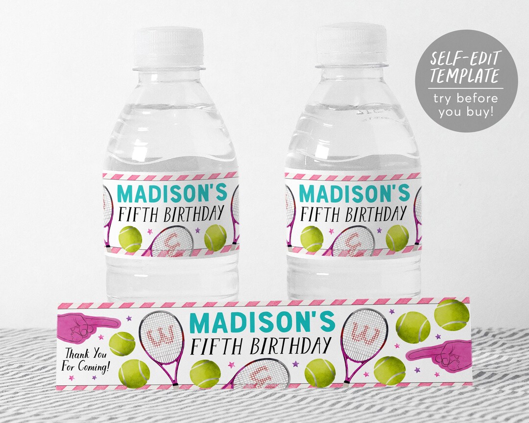 Tennis Water Bottle Labels Editable Template, Tennis Ball Party Theme ...
