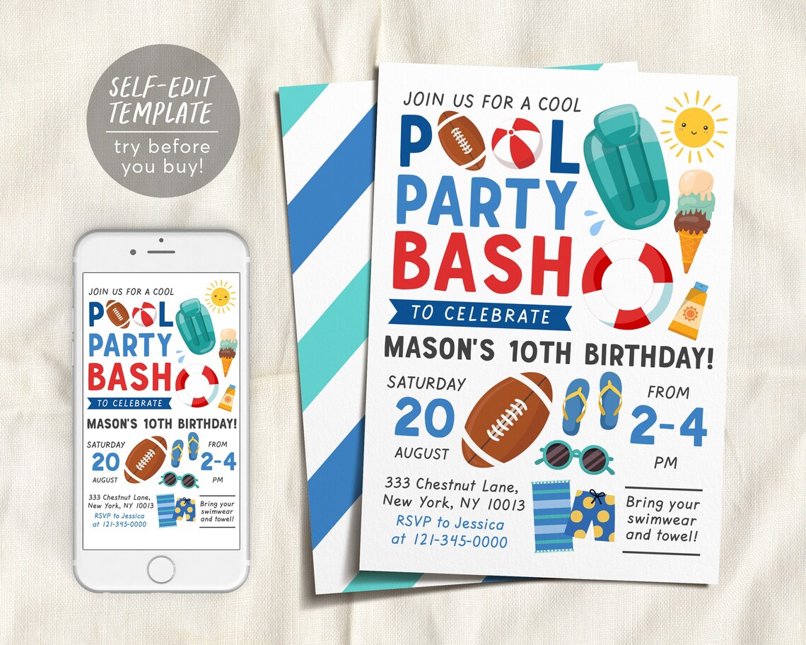 Football Pool Party Invitation Editable Template, Sports Boys Summer ...