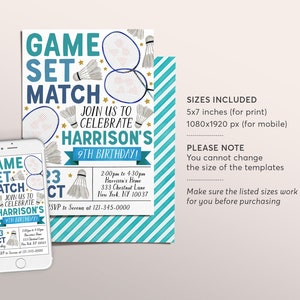 Badminton Birthday Invitation Editable Template, Boy Badminton Party ...