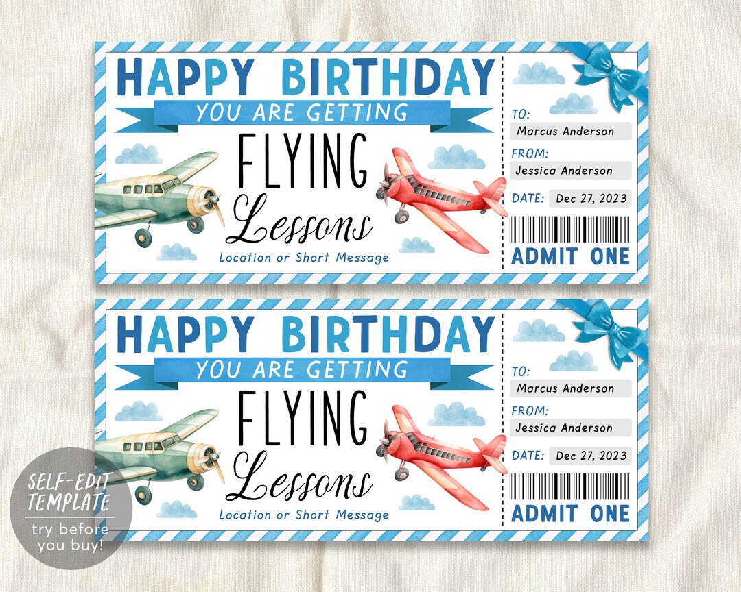 Flying Lessons Ticket Gift Voucher Editable Template, Surprise Birthday ...