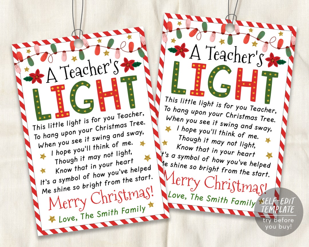 A Teachers Light Gift Tag Editable Template, Teacher Christmas Ornament ...