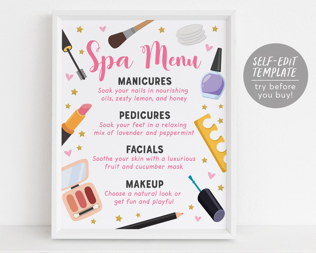 Editable Spa Menu Template, Tween Spa Birthday Party Decorations Decor ...