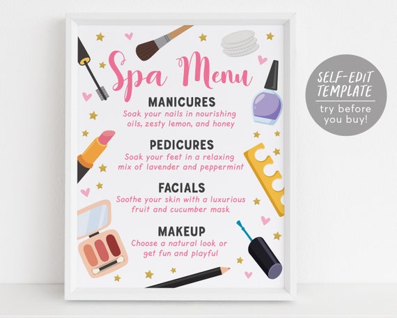 Editable Spa Menu Template Tween Spa Birthday Party - Etsy