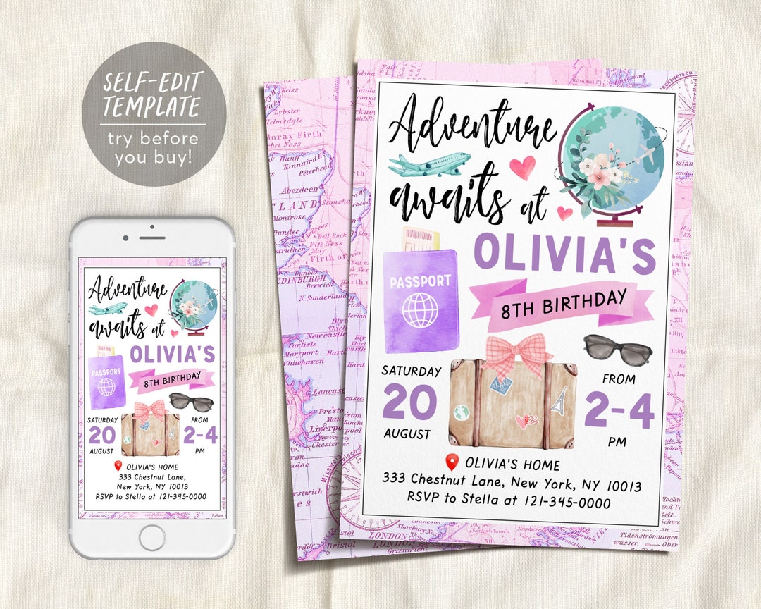Adventure Awaits Travel Girl Birthday Party Invitation Editable ...