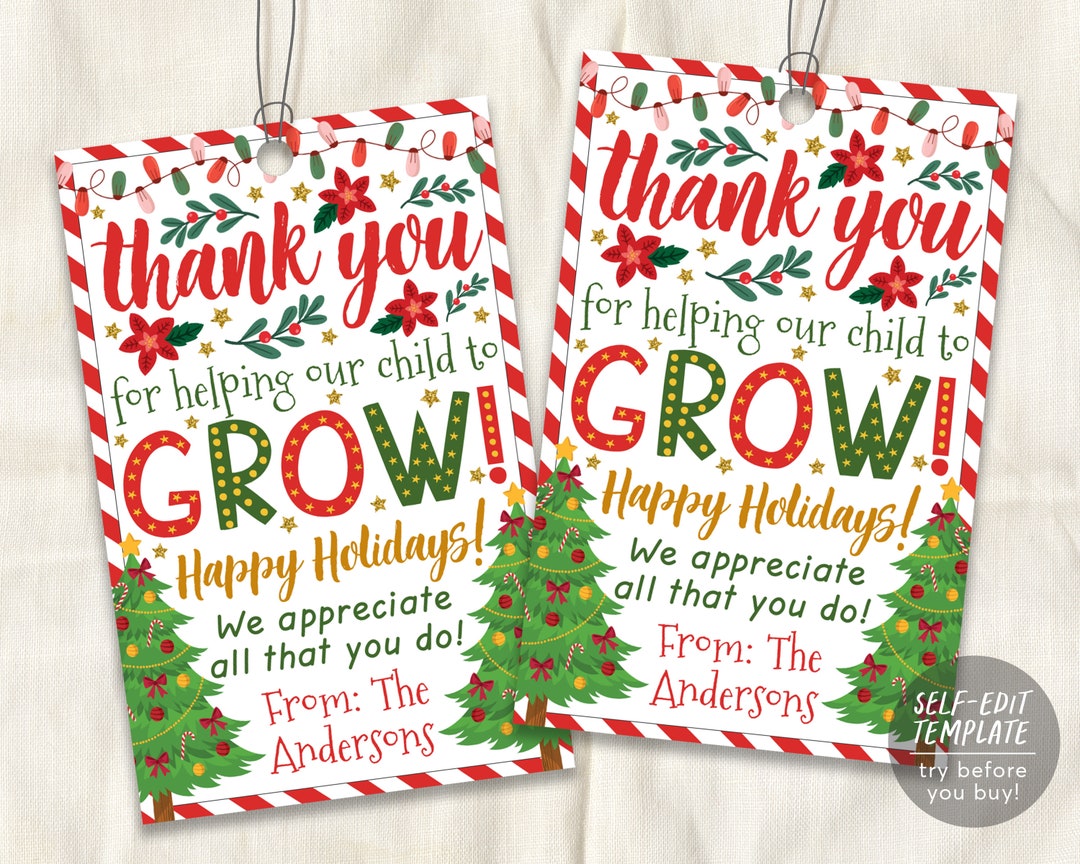 Christmas Teacher Gift Tags Editable Template, Xmas Tree Plant Holiday ...