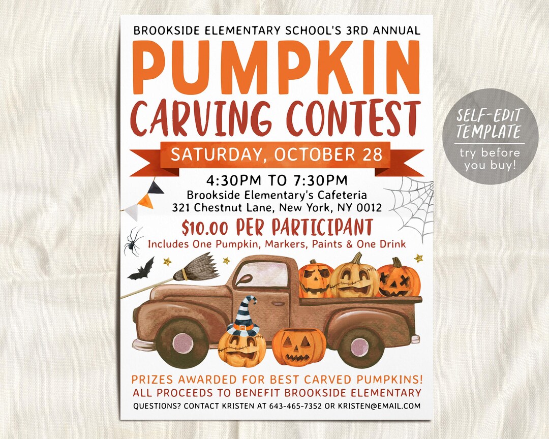 Pumpkin Carving Contest Flyer Editable Template, Halloween Pumpkin ...