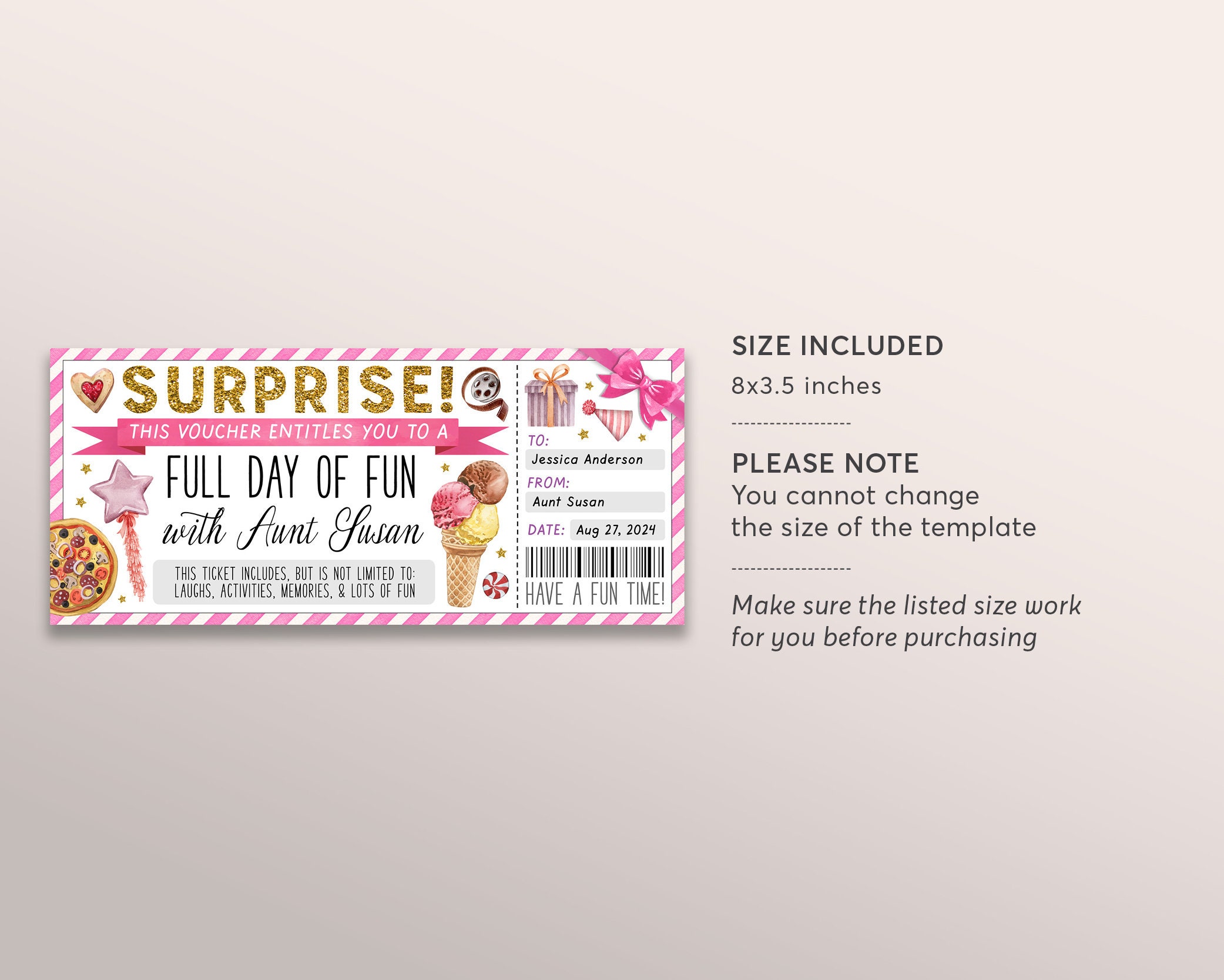 Fun Day Ticket Editable Template, Surprise Day of Fun With Aunt Gift ...