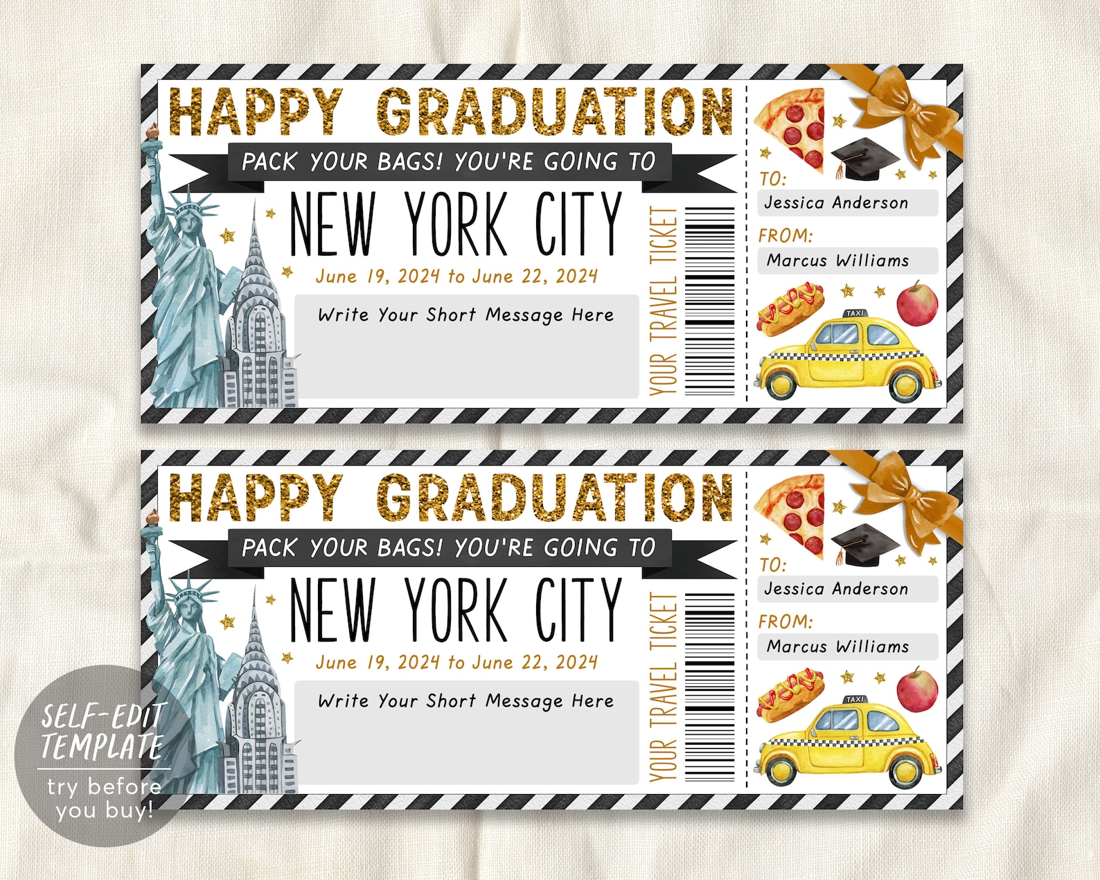Graduation New York City Trip Ticket Editable Template, Surprise Travel ...